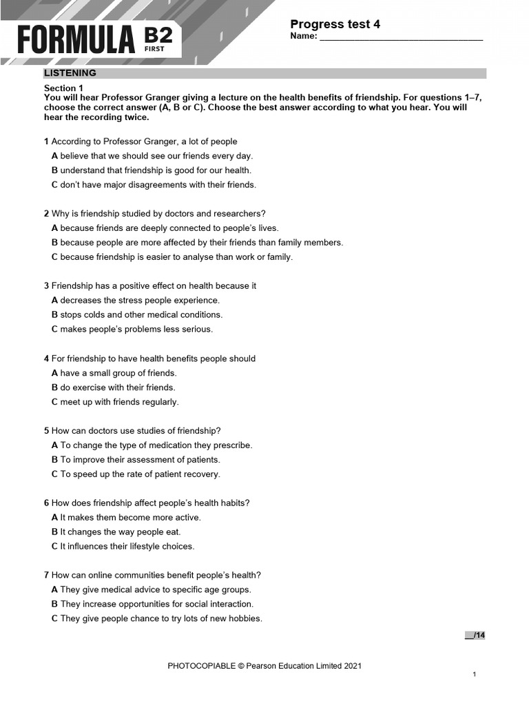Formula B2 Progress Test 4 Pdf Distance Education Teachers