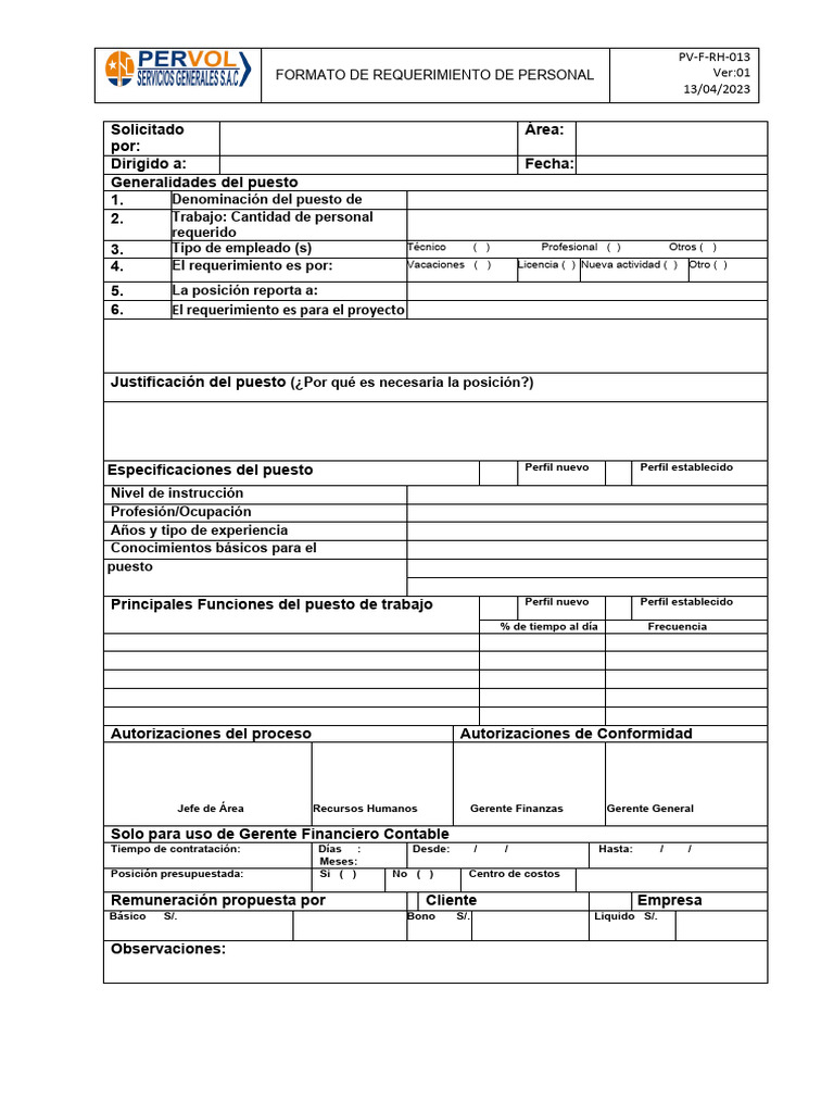 PV-F-RH-013 Formato de Requerimiento de Personal | PDF