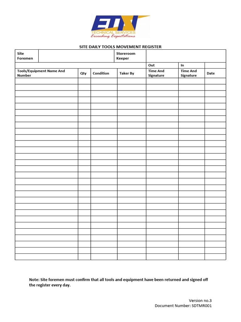 Daily Tools Movement Register Format | PDF