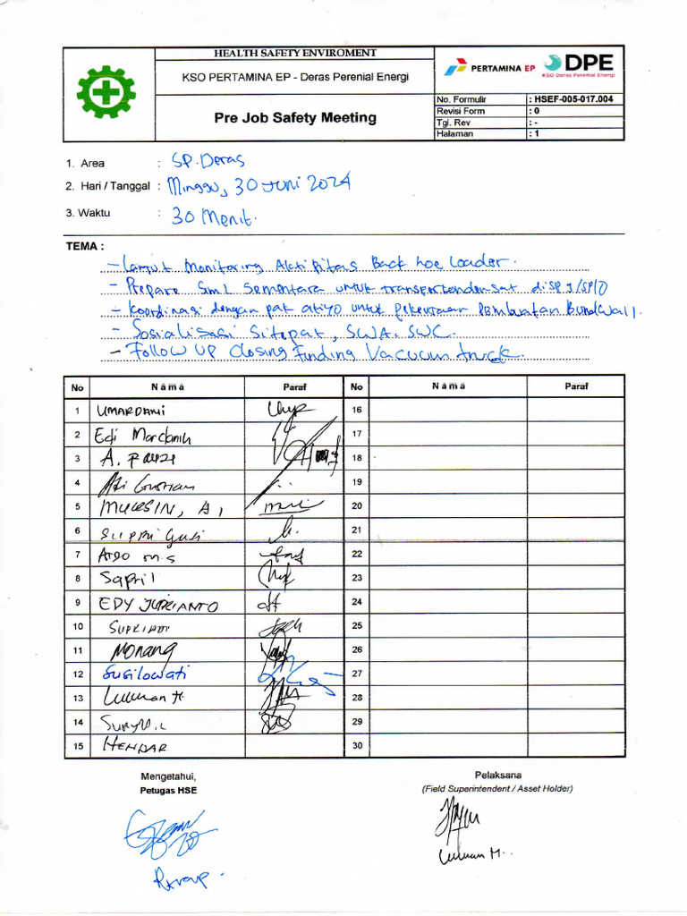 PJSM TGL 30 Juni 2024 | PDF
