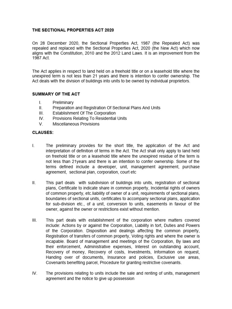 The Sectional Properties Act 2020 | PDF | Lease | Apartment