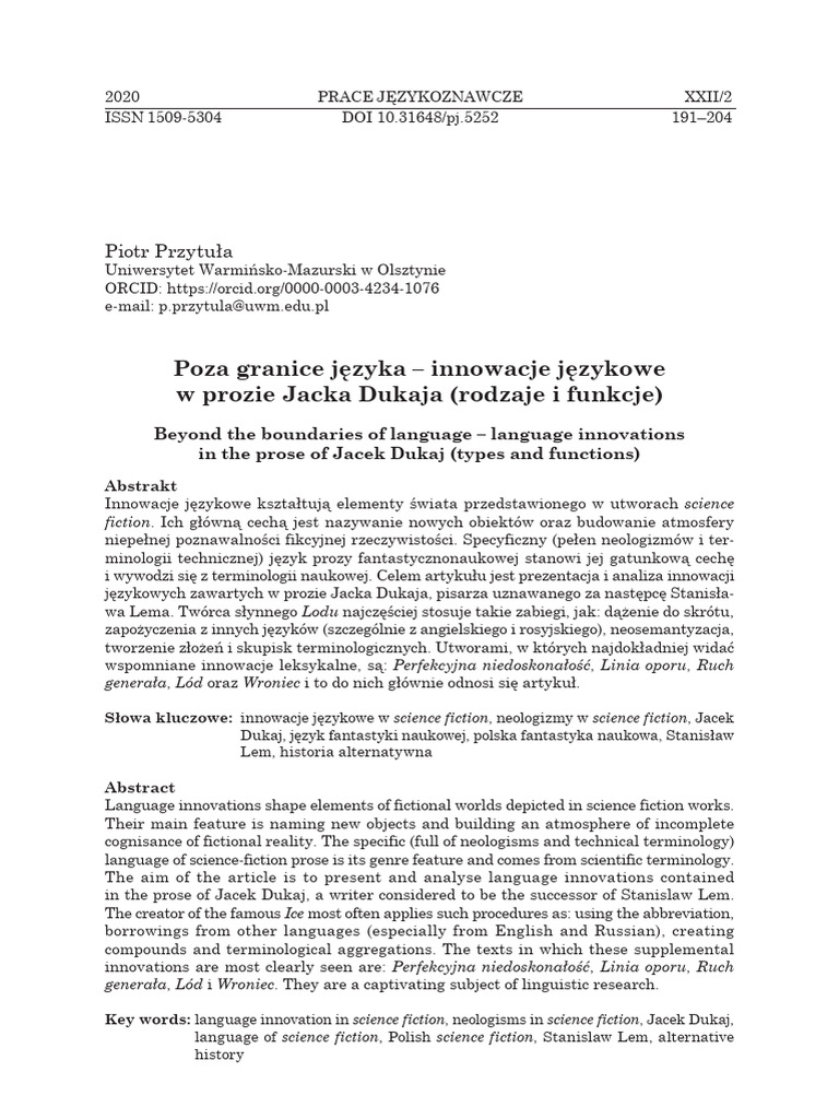 Poza Granice Języka - Innowacje Językowe W Prozie Jacka Dukaja (Rodzaje ...