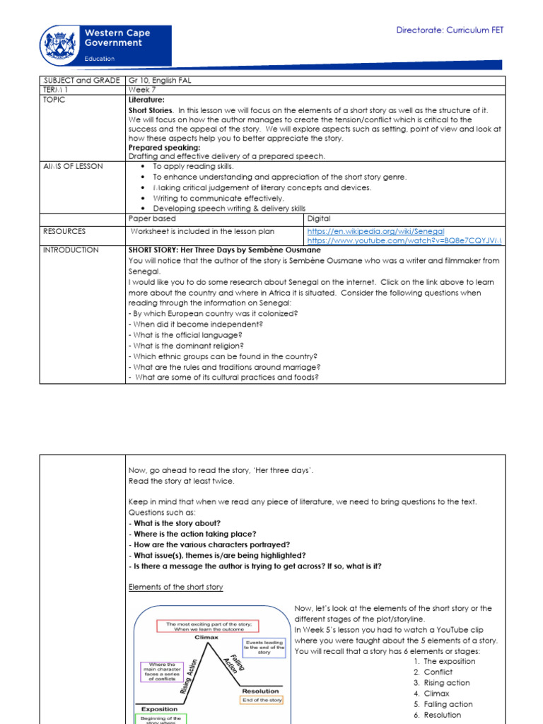 English FAL Grade 10 Term 1 Week 7 - 2021 | PDF | Plot (Narrative) | Speech