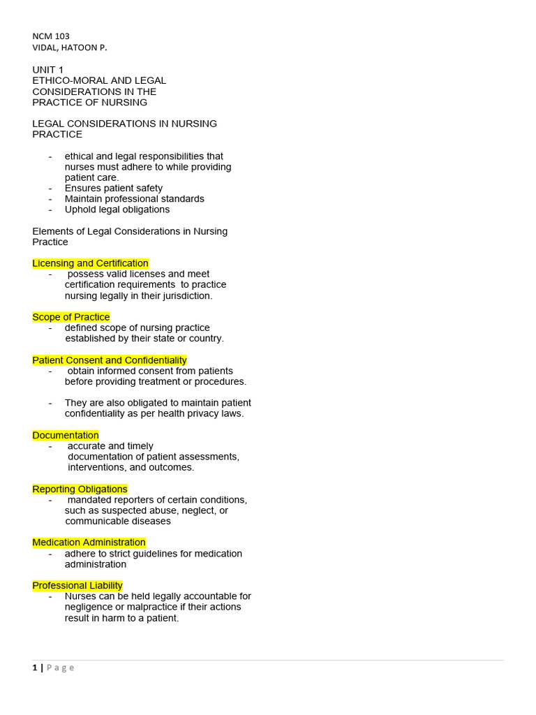NCM 103 Unit 1 - 4 | PDF | Nursing | Patient