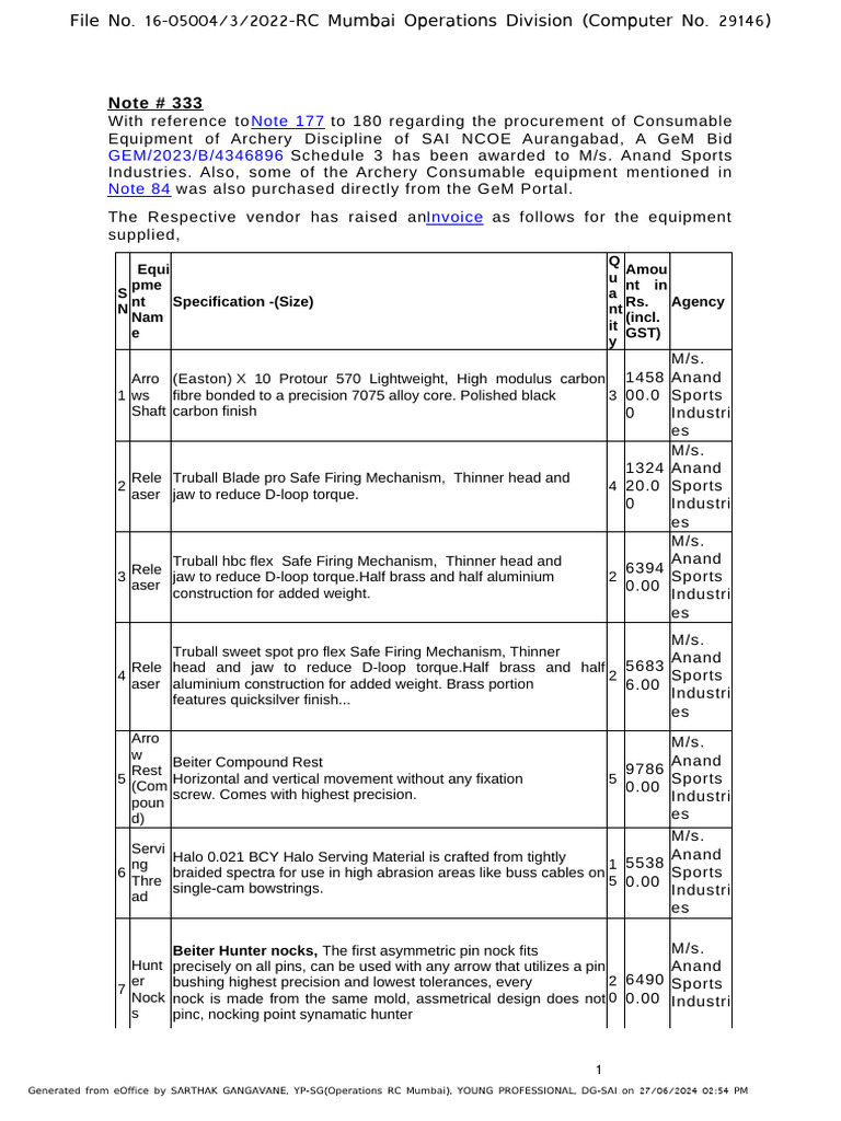 Note # 333: Note 177 GEM/2023/B/4346896 Note 84 Invoice | PDF | Arrow | Archery