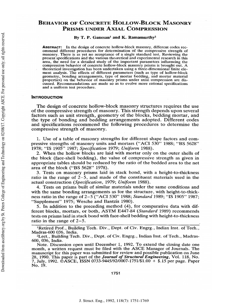 (Asce) 0733 9445 (1992) 118:7 (1751) | PDF | Masonry | Stress (Mechanics)