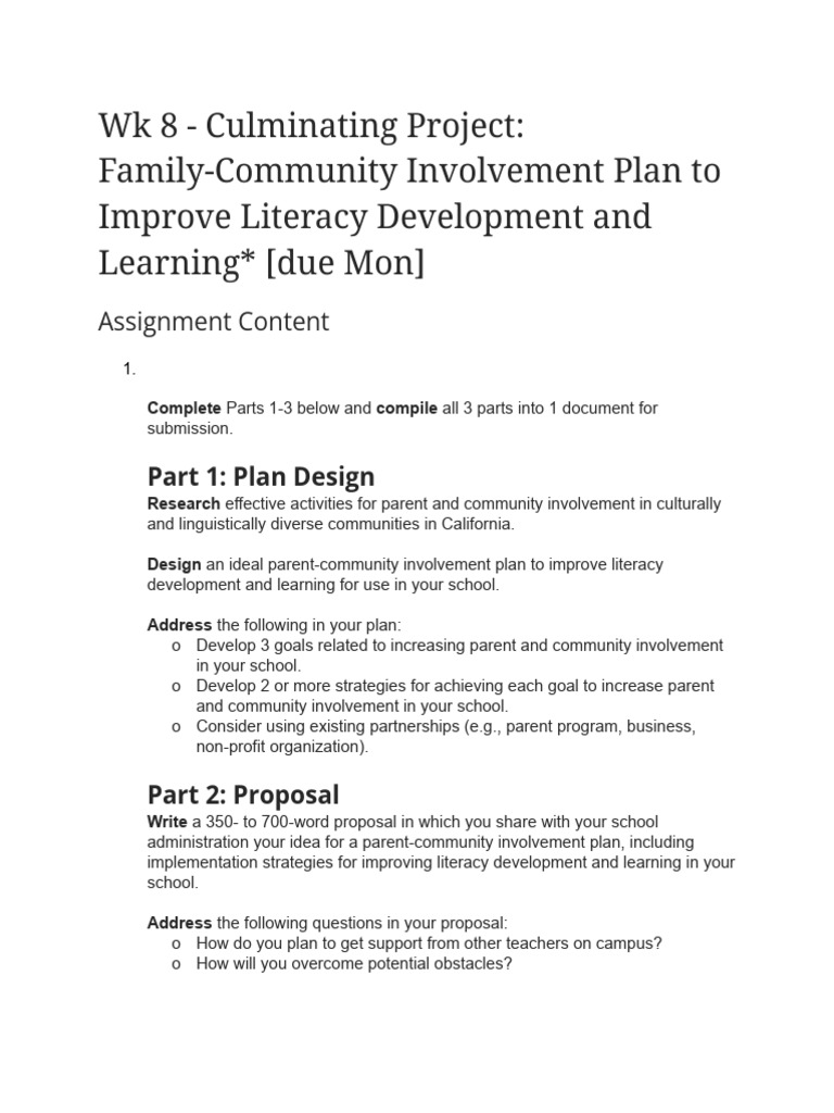 Parent-Community Involvement Plan CTEL 503 | PDF | Literacy ...