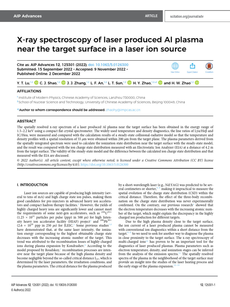 X-Ray Spectroscopy of Laser Produced Al Plasma Nea | PDF | Plasma ...