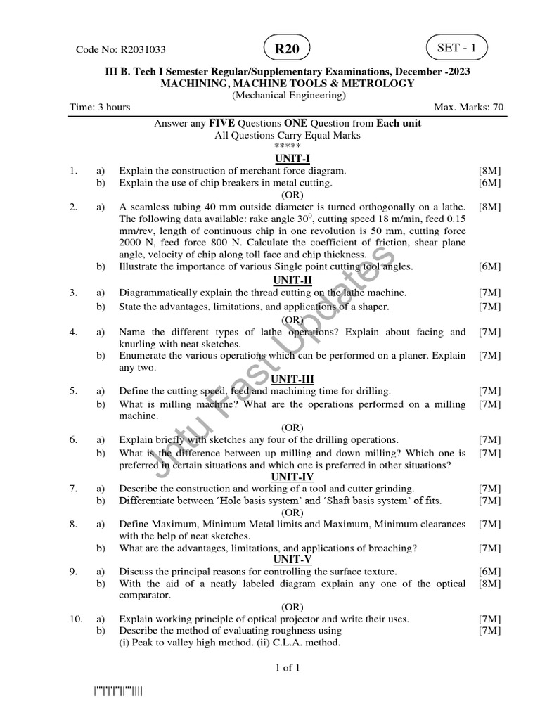 MMTM Question Papers 1 | PDF | Machining | Metalworking