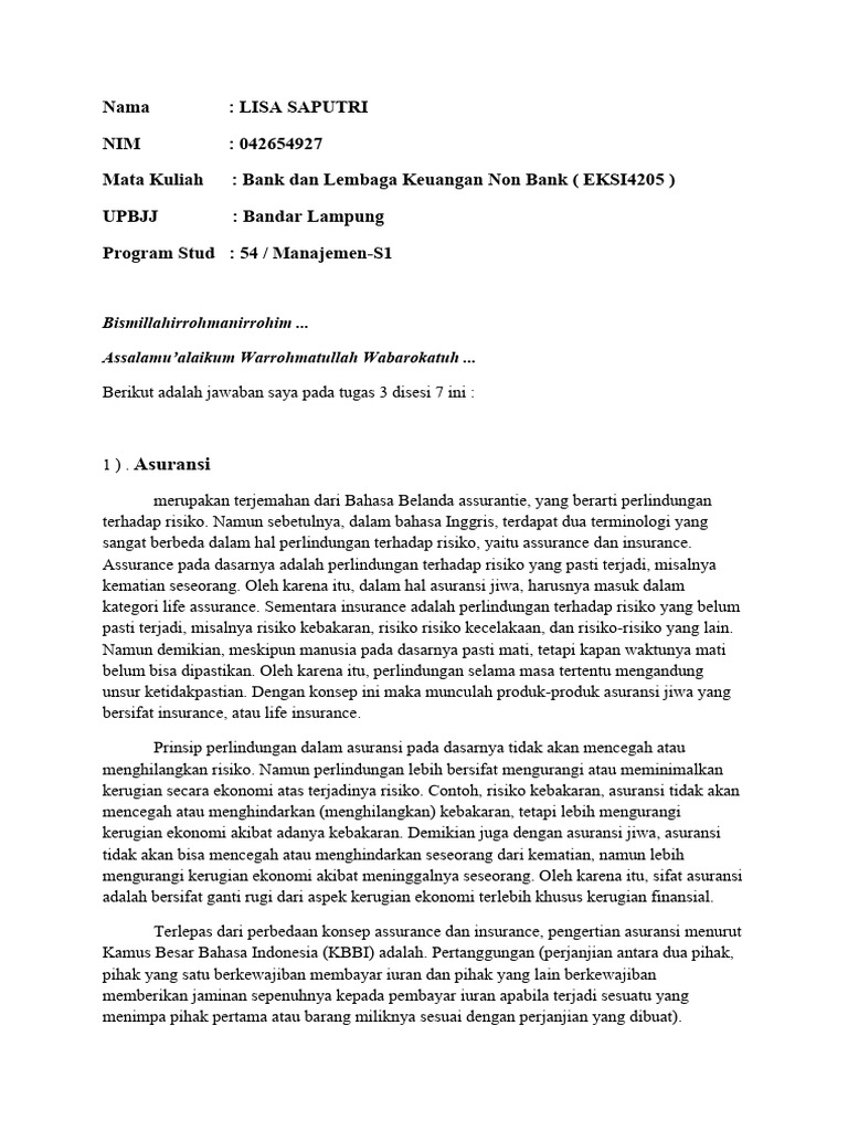 Semester 2 (Tugas 3, Sesi 7, Matkul Bank & Lembaga Keuangan Non Bank) | PDF