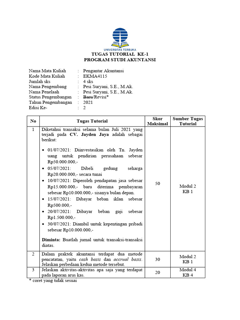 Semester 2 (Tugas 1, Sesi 3, Matkul Pengantar Akuntansi) | PDF | Bisnis