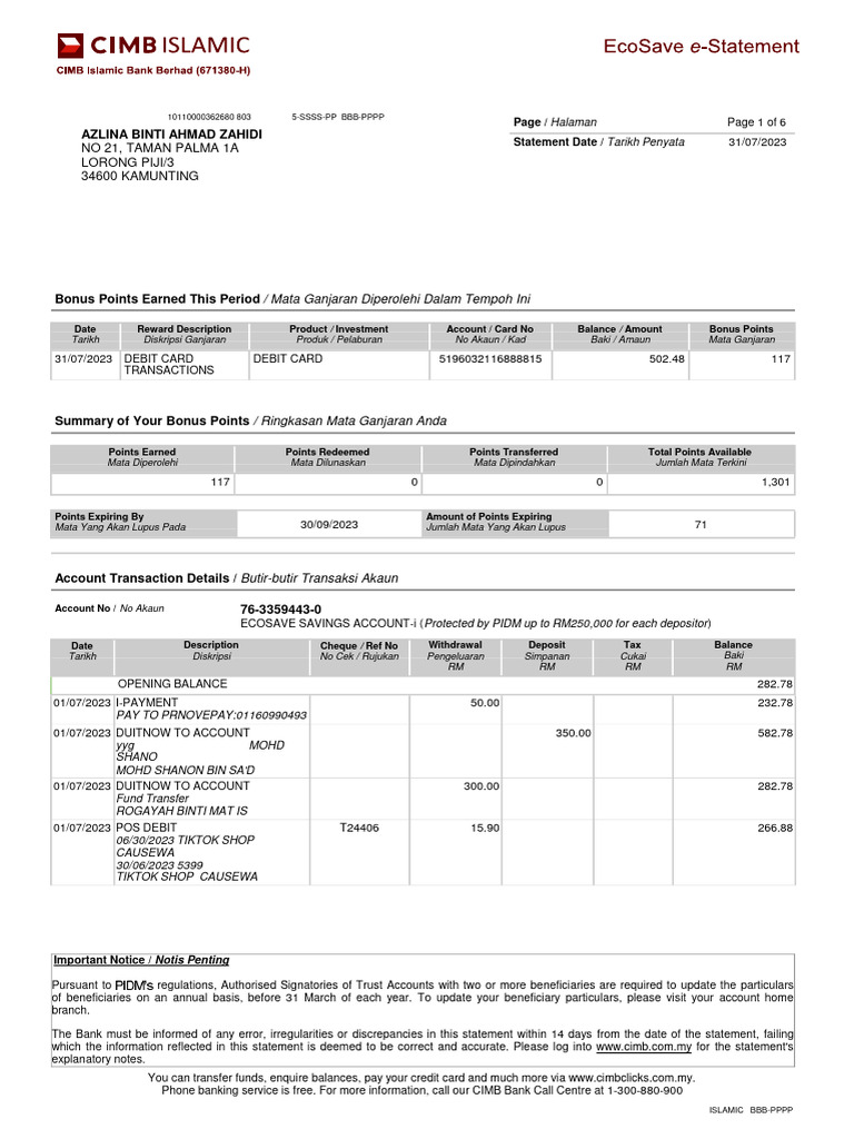 CIMB Bank Account Statement 07/2023 | PDF | Debit Card | Banks