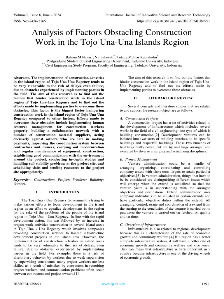 Analysis of Factors Obstacling Construction Work in the Tojo Una-Una Islands Region | Download ...
