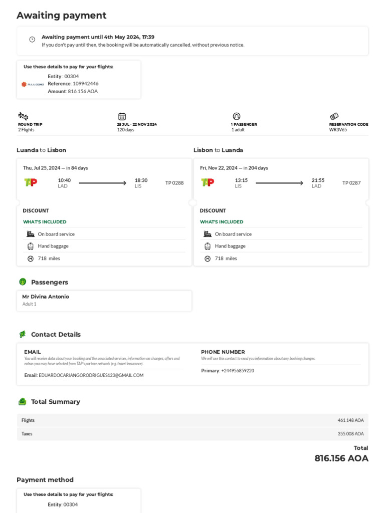 Booking Confirmation NOVA RESERVA | PDF | Payments