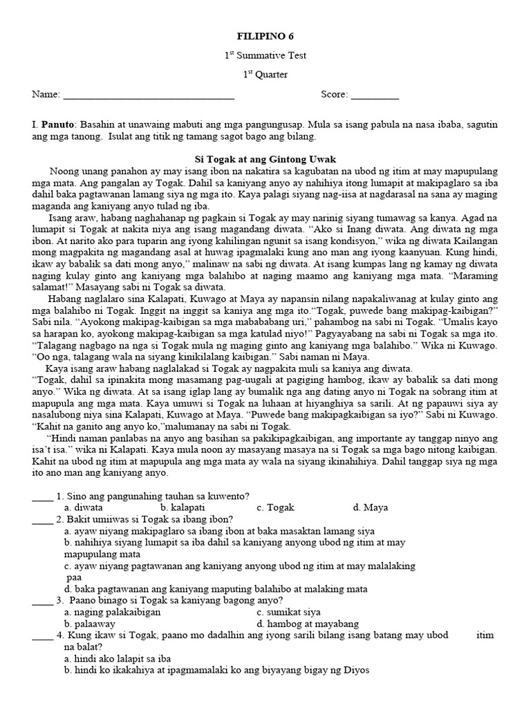 ST1 - Q1 - Filipino 6 | PDF