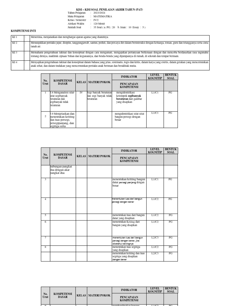Kisi Kisi Pat MTK 4 Mei 2024 K.13 | PDF