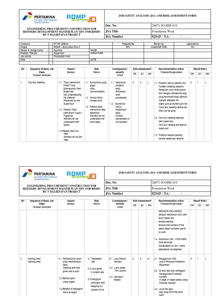 26071-100-V2A-C000-40007 JSA Foundation Method Statement 001 | PDF ...