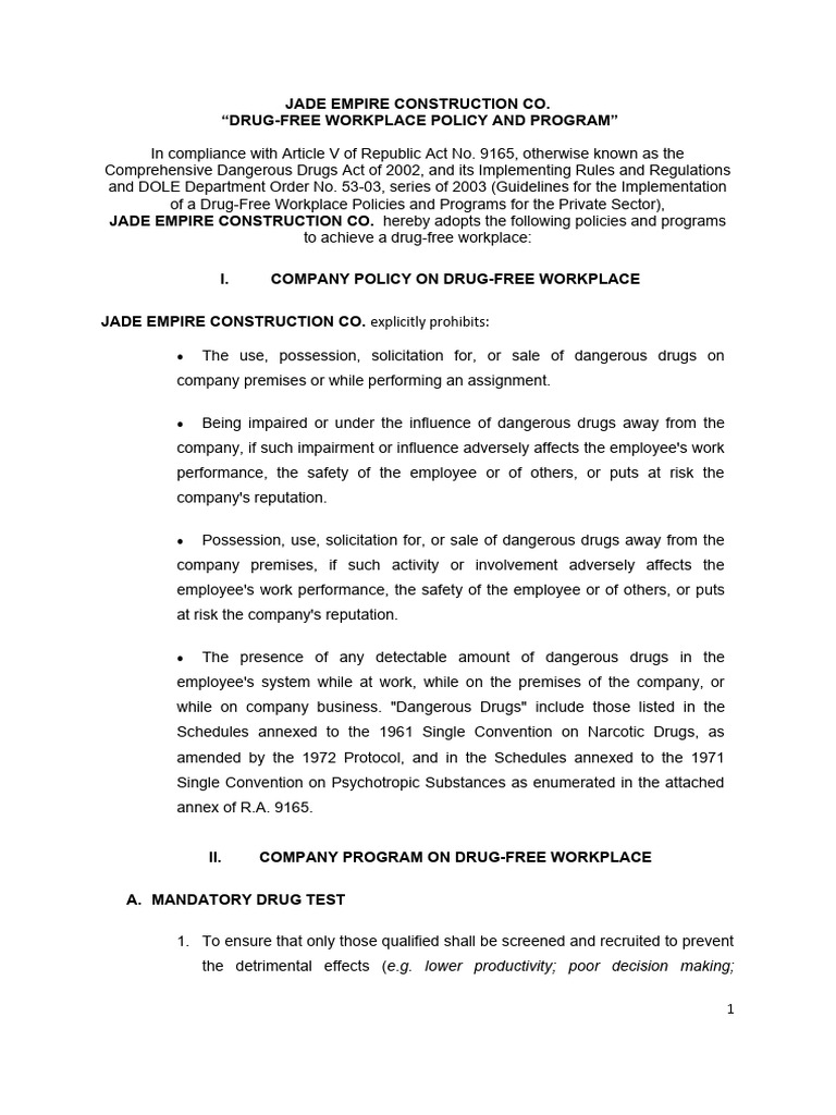 Template Drug Free Workplace Policy Program | PDF | Drug Test | Employment