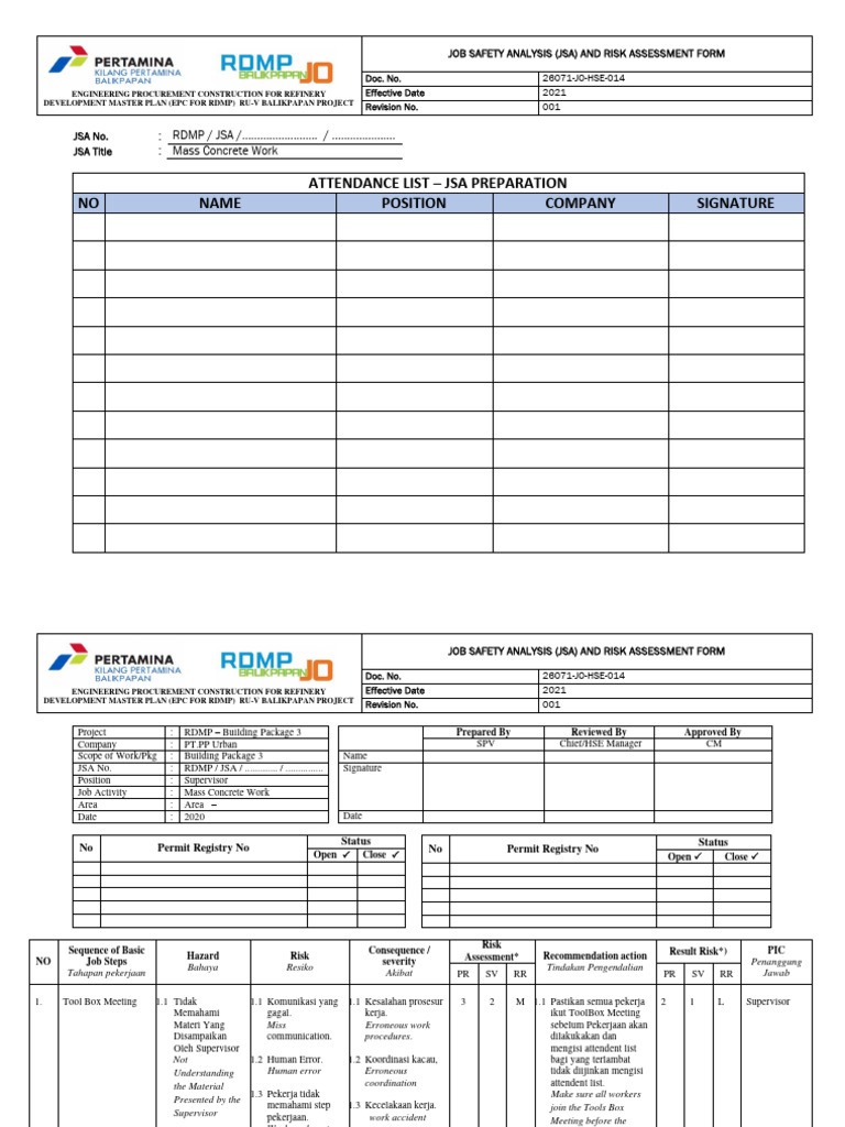 Form JSA Mass Concrete Work | PDF | Hazards | Working Conditions