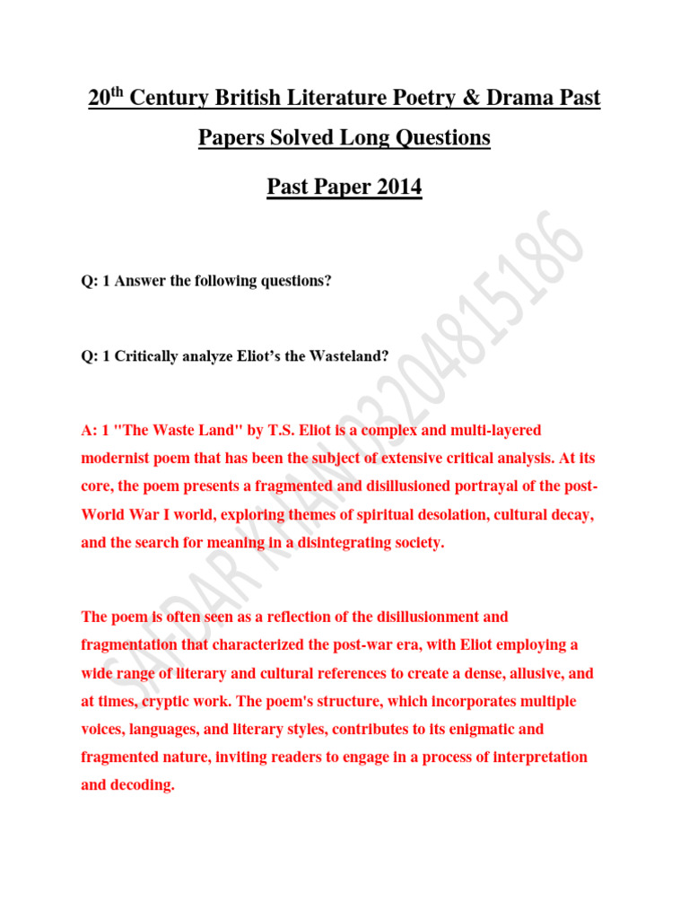 20th Century British Literature Poetry & Drama Past Papers Solved Long ...