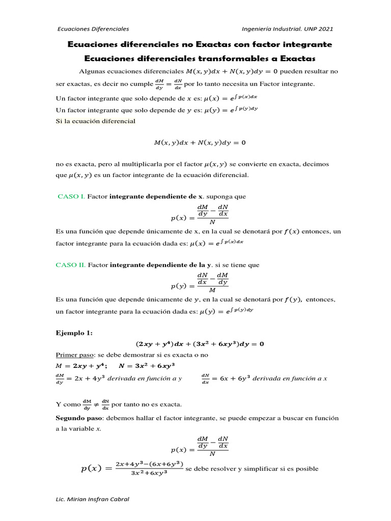 Ecuaciones Diferenciales Con Factor Integrante | PDF | Integral | Derivado