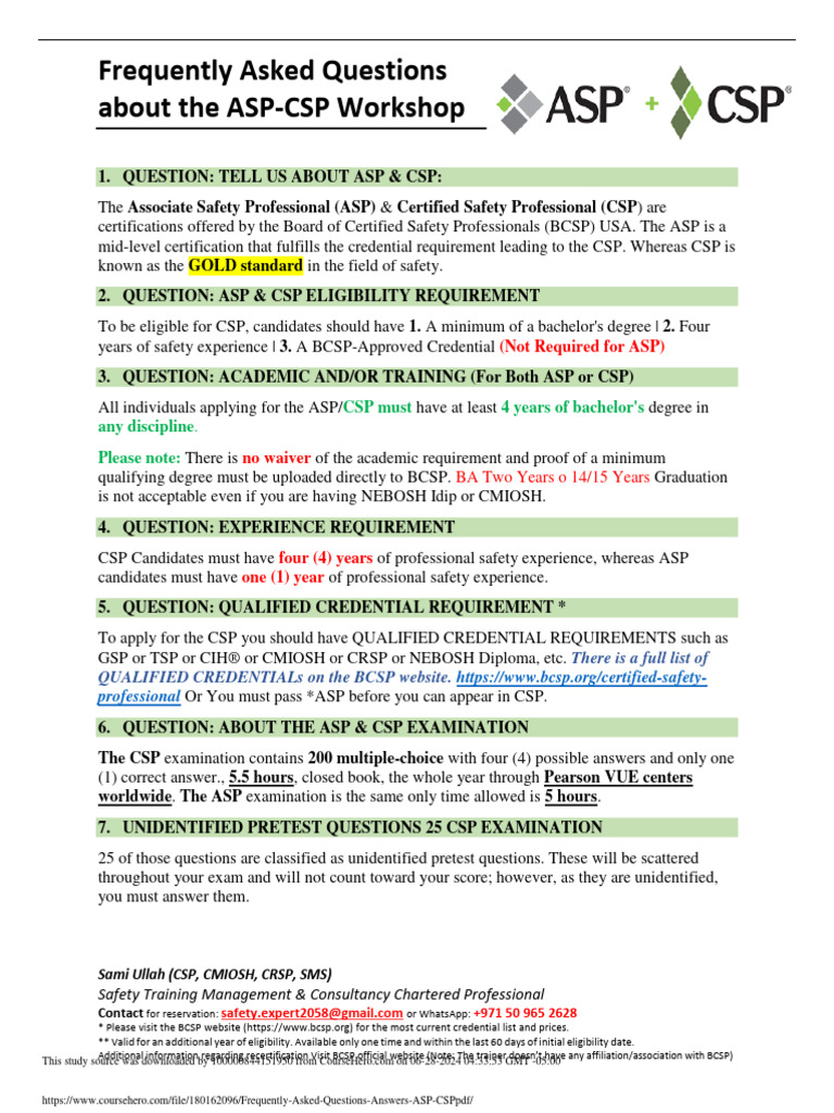 Frequently Asked Questions Answers ASP CSP PDF | PDF | Safety | Working ...