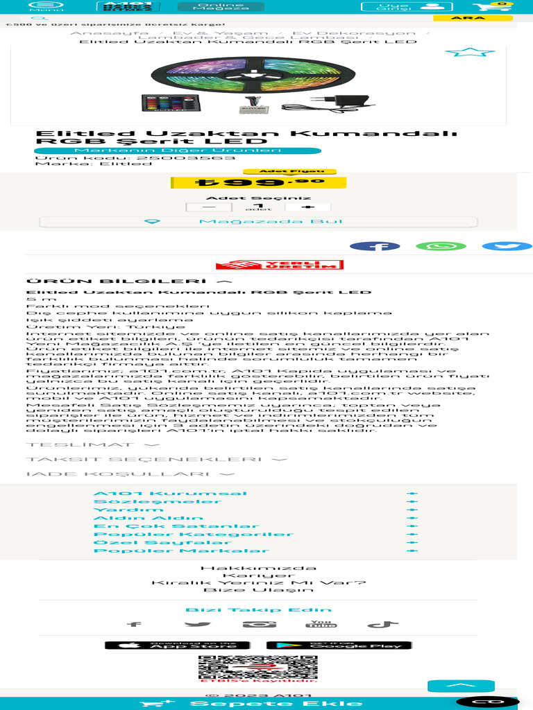 Elitled Uzaktan Kumandalı RGB Şerit LED - A101 | PDF