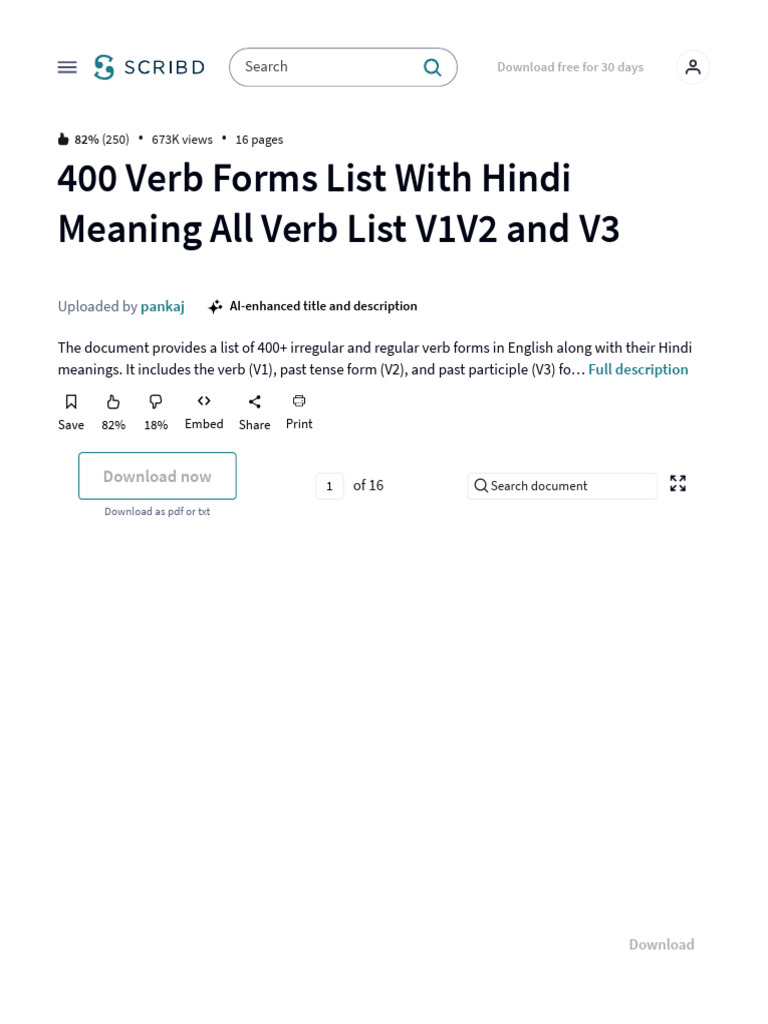 400 Verb Forms List With Hindi Meaning All Verb List V1V2 and V3 - PDF ...