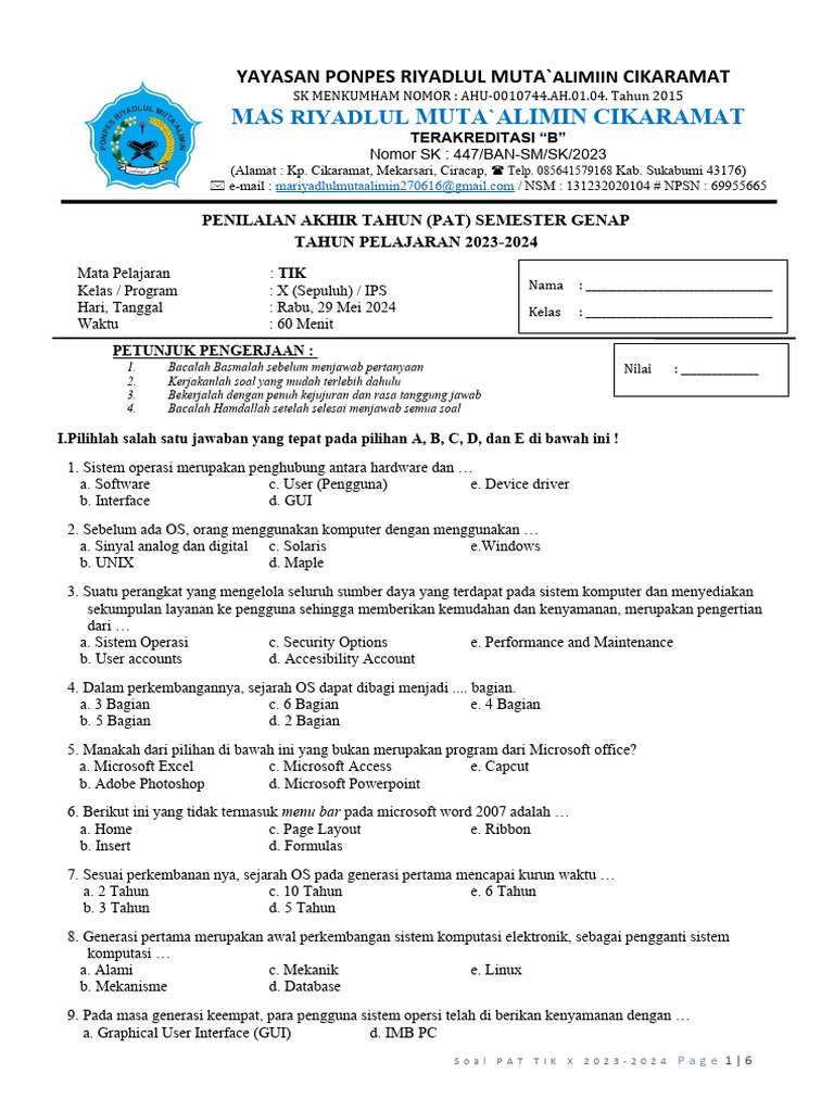 Soal PAT MA 2024 TIK (X) | PDF | Teknologi & Rekayasa