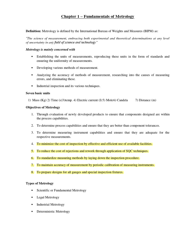 Metrology - Chapter 1 Notes - Metrology | PDF | Metrology | Calibration