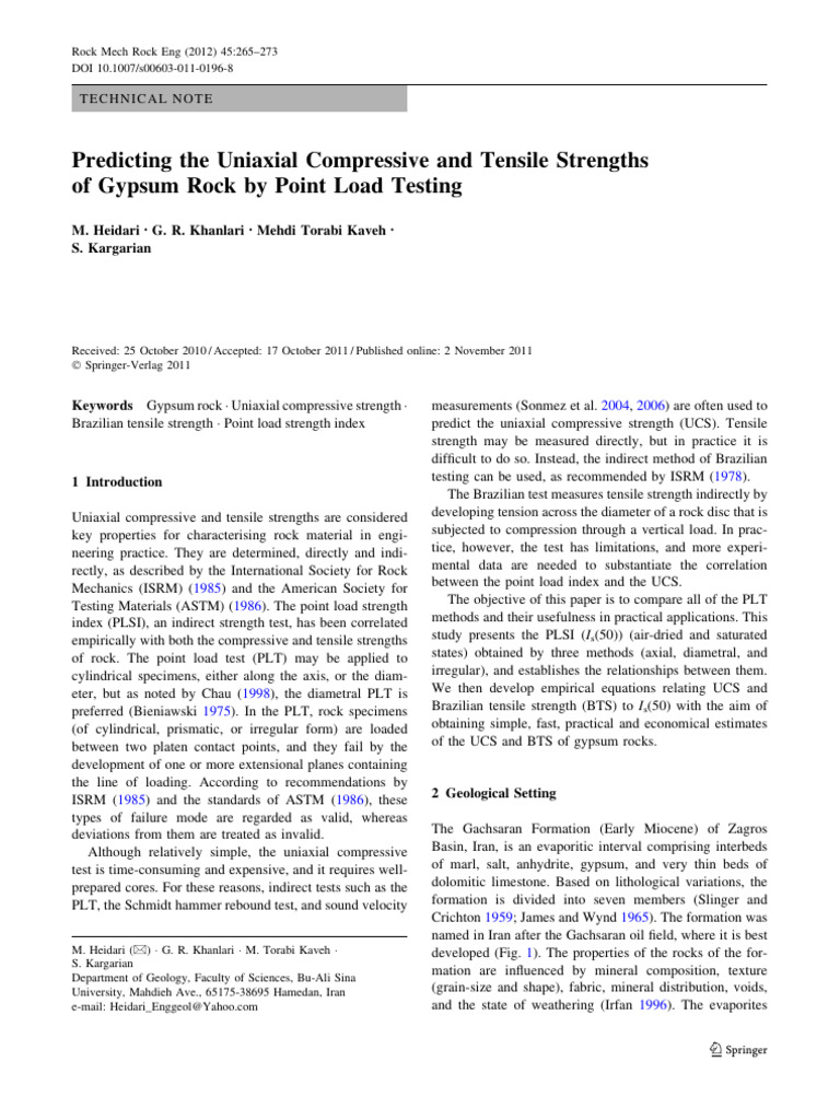 Predicting The Uniaxial Compressive and Tensile Strengths of Gypsum ...