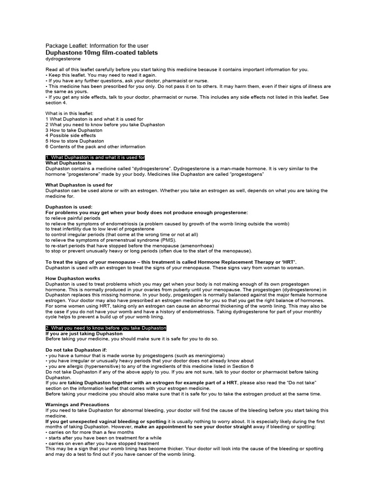 Duphaston: Uses and Side Effects Guide | PDF | Hormone Replacement ...