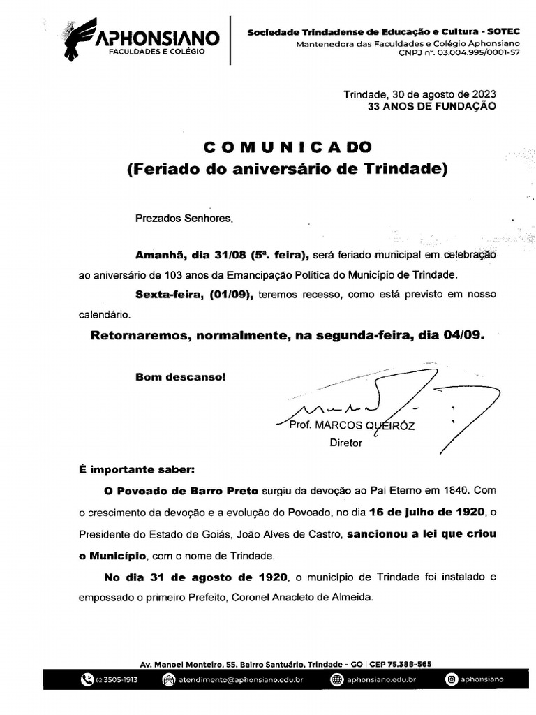 Comunicado Feriado de Trindade | PDF