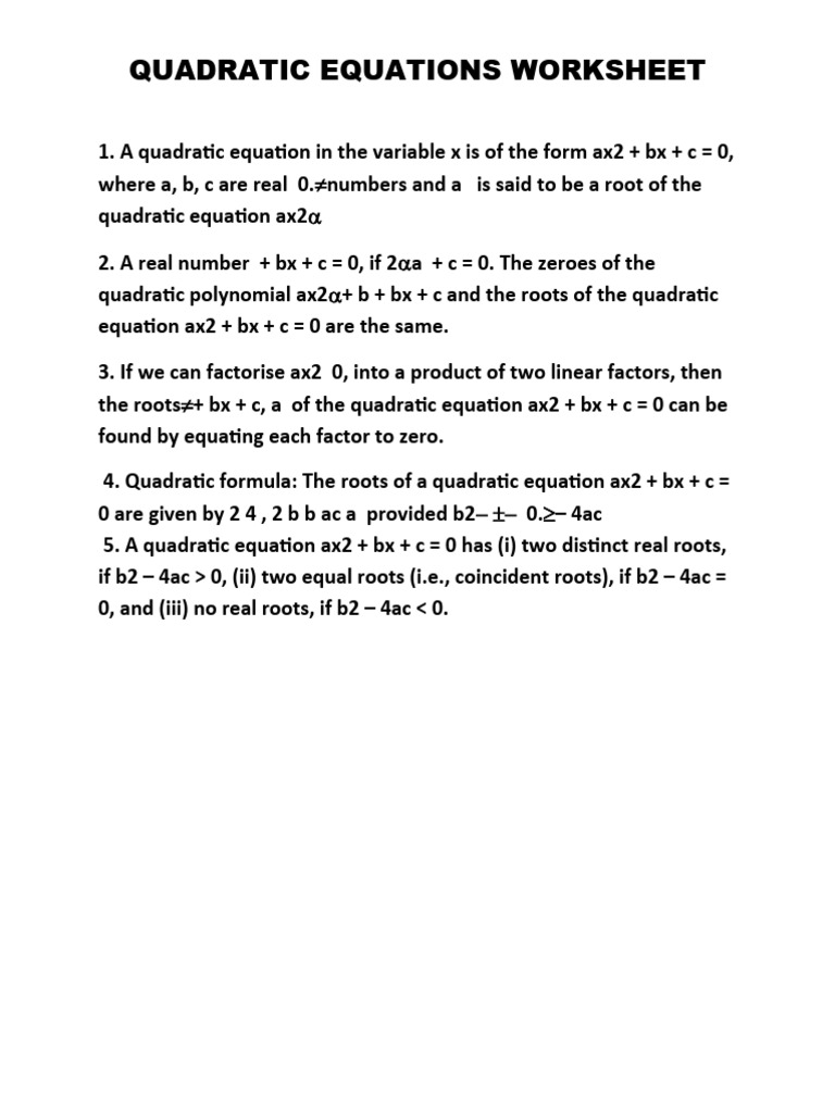 Quadratic Equations Worksheet | PDF | Quadratic Equation | Equations
