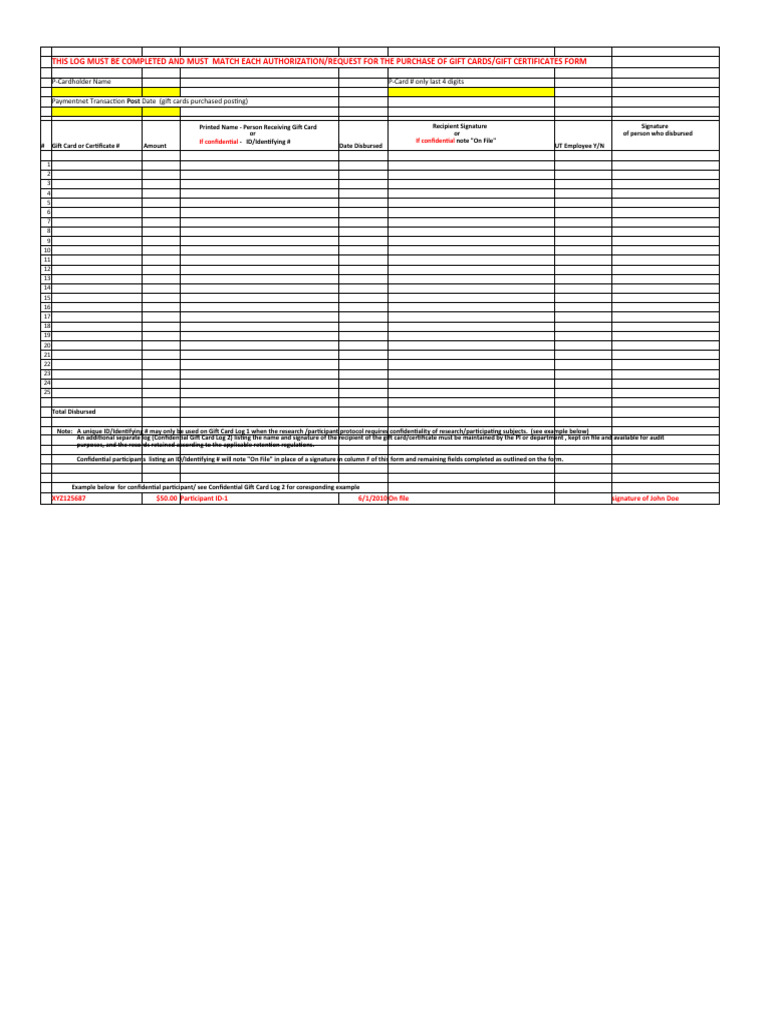 Gift Card Disbursement Log Template | PDF | Gift Card | Gift