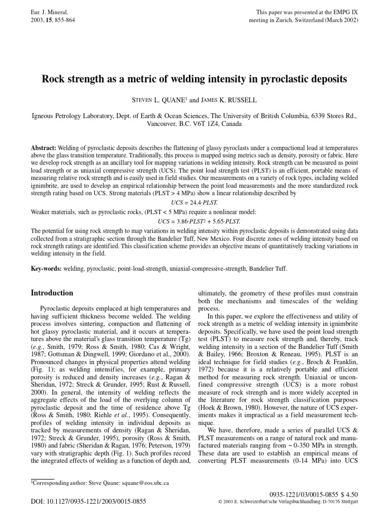 Rock Strength As A Metric of Welding Intensity in Pyroclastic Deposits ...