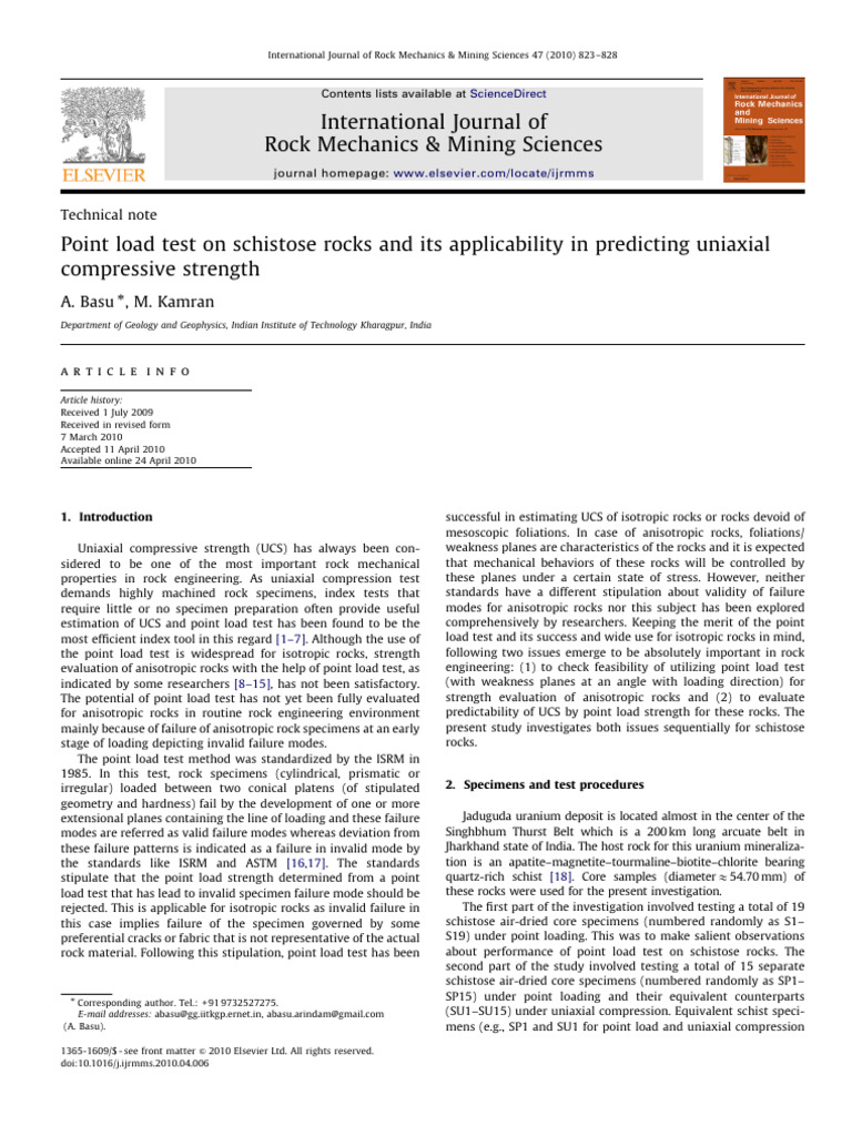 Point Load Test On Schistose Rocks And Its Applicability In Predicting
