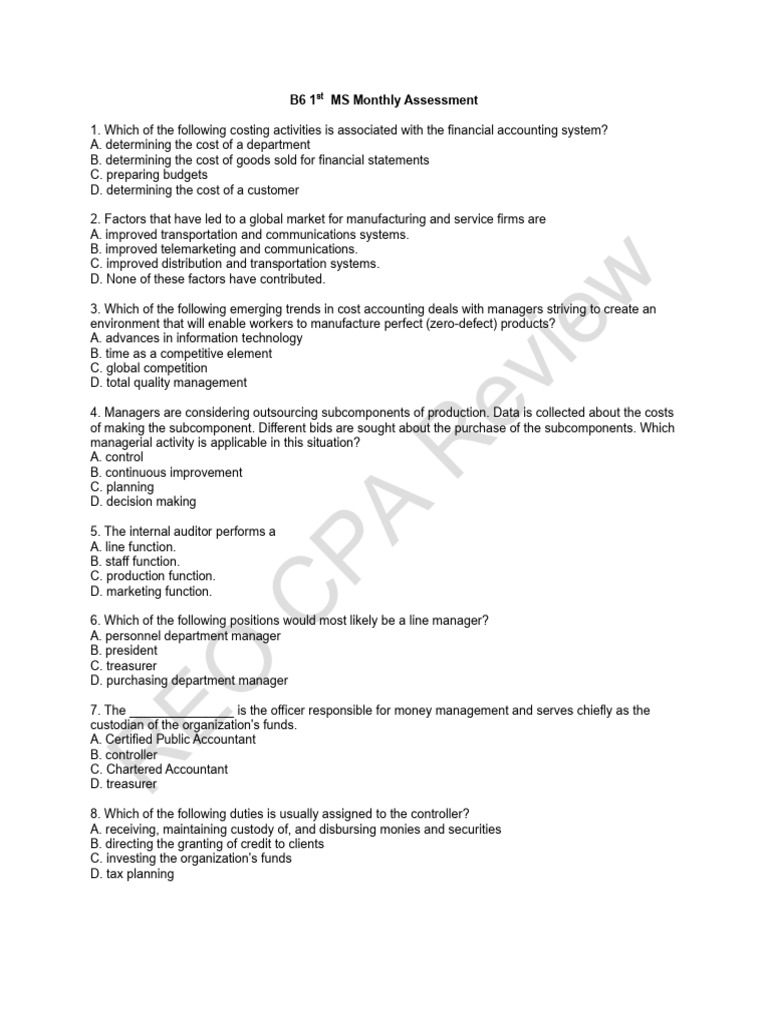 MAS 1st Monthly Assessment | PDF | Accountant | Management Accounting