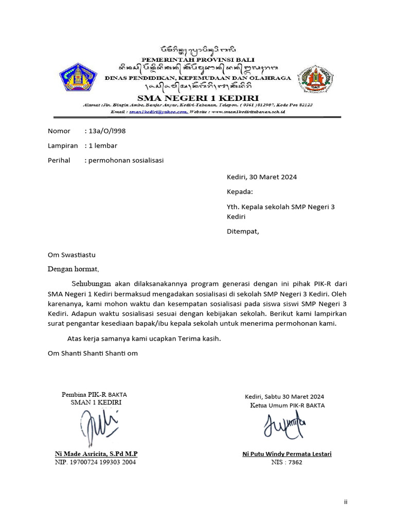 Surat Izin Sosialisasi PIK-R Bakta | PDF