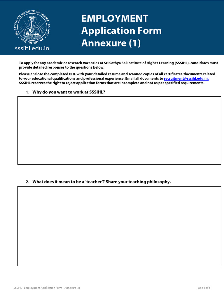 SSSIHL Employment Application Form Annexure 1 | Download Free PDF ...