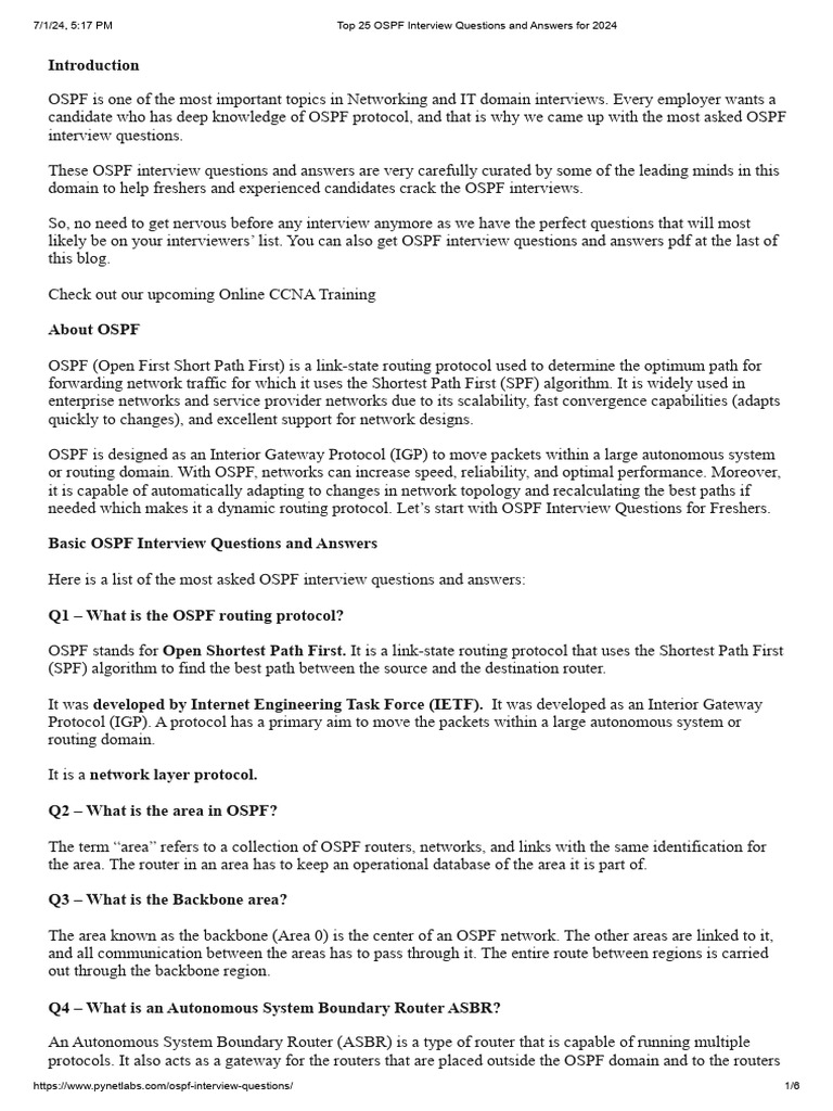 Top 25 OSPF Interview Questions and Answers For 2024 | PDF | Network Protocols | Internet