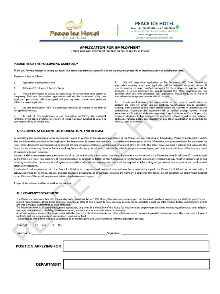 Peace Ice - Job Application Form | PDF