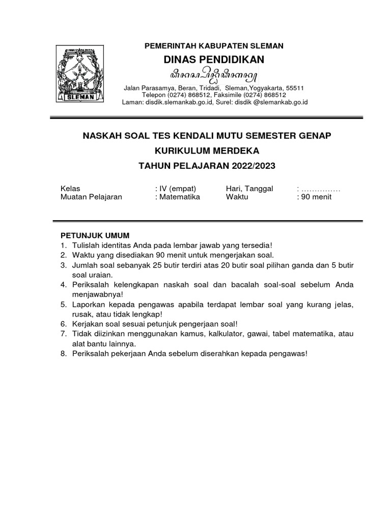 SOAL TKM KELAS IV MUPEL MATEMATIKA KUMER Revisi 2 | PDF