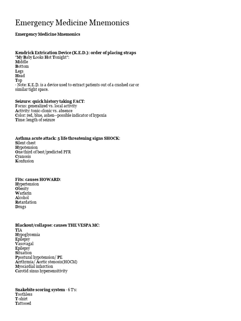 Emergency Medicine Mnemonics | PDF | Stroke | Shock (Circulatory)