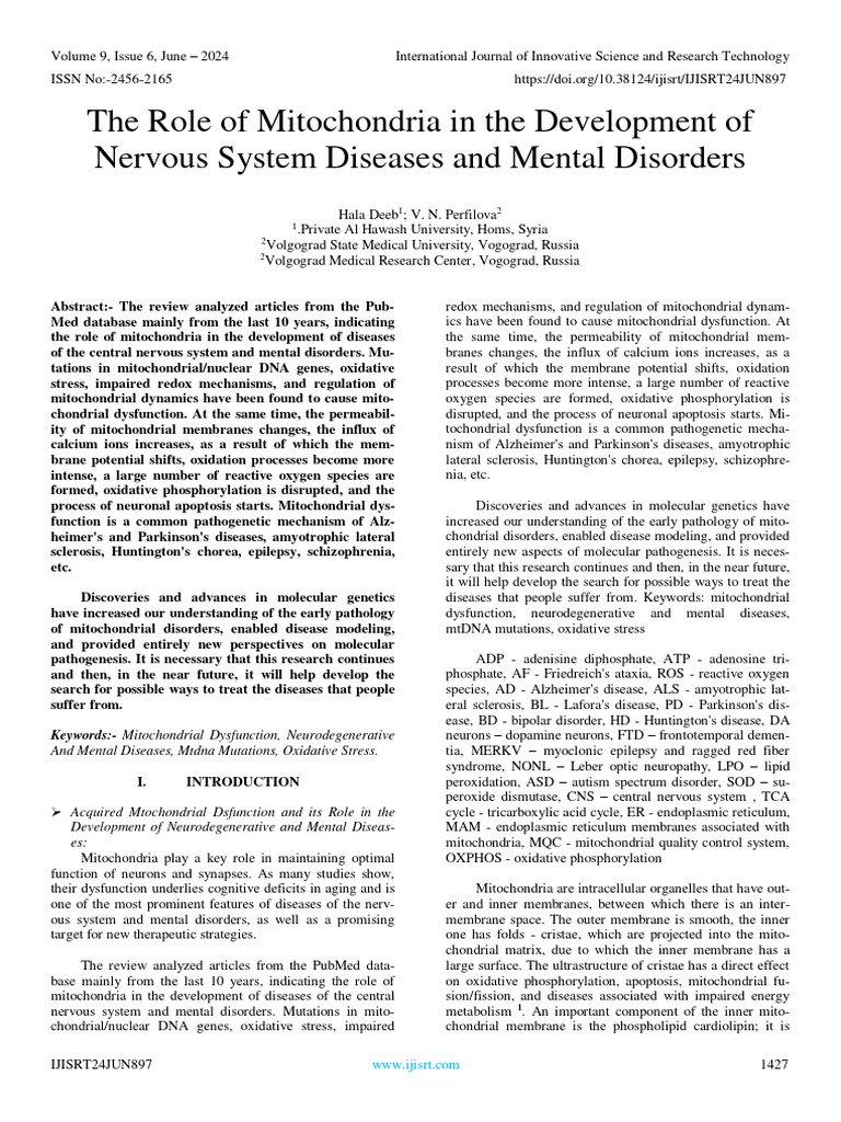 The Role of Mitochondria in The Development of Nervous System Diseases and Mental Disorders ...