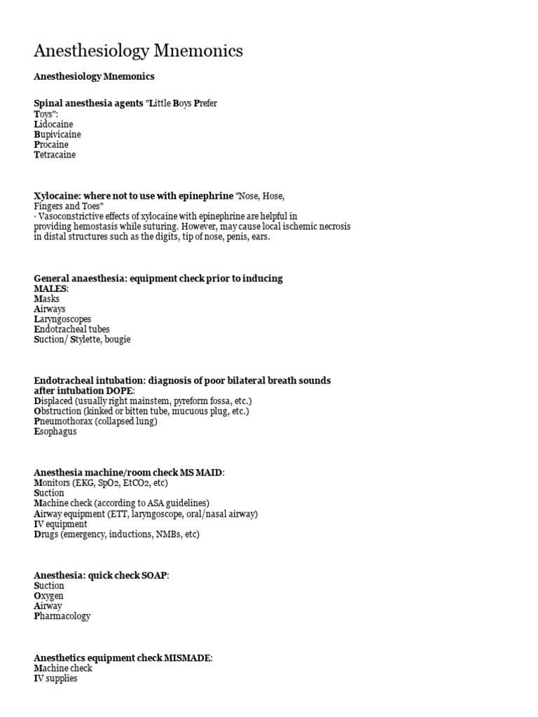 Anesthesiology Mnemonics Guide | PDF | Science & Mathematics