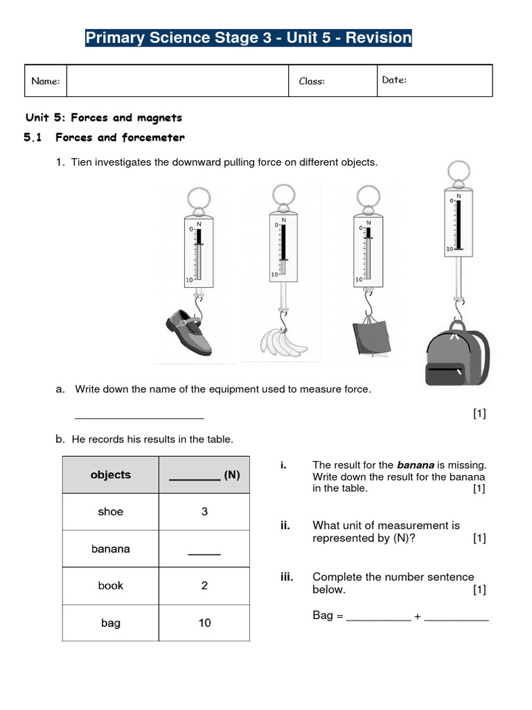 Primary Science Stage 3 Unit 5 Revision | PDF | Force | Magnetism