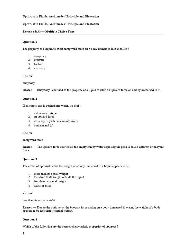 Upthrust in Fluids, Archimedes' Principle and Floatation | PDF ...