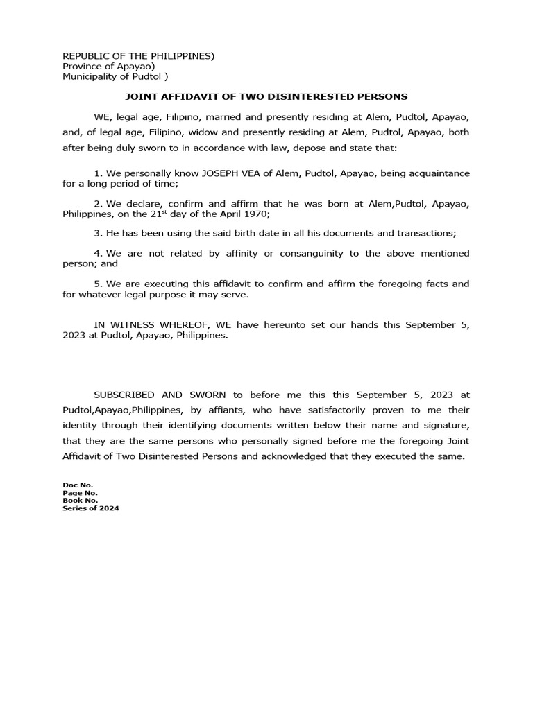 Joint Affidavit of Two Disinterested Persons | PDF