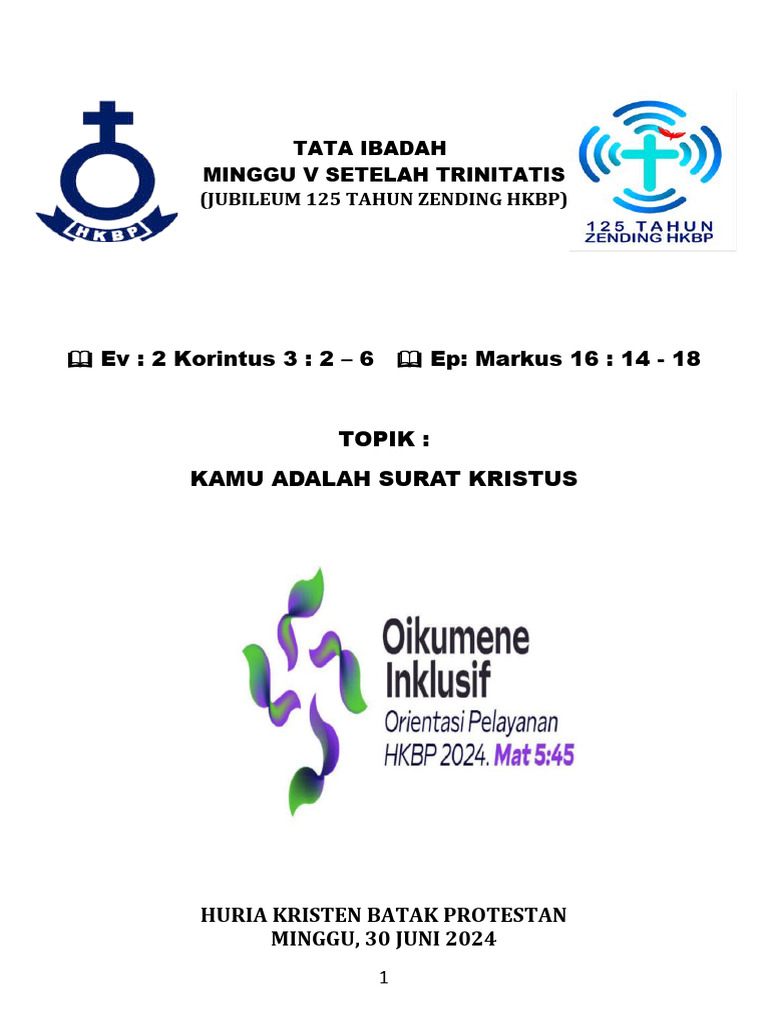 Minggu V Setelah Trinitatis, 30 Juni 2024 - Jubileum 125 Zending HKBP-2 | PDF